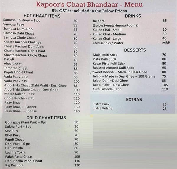 Menu at KCB - Kapoor's Chaat Bhandaar - Main Branch, Bengaluru