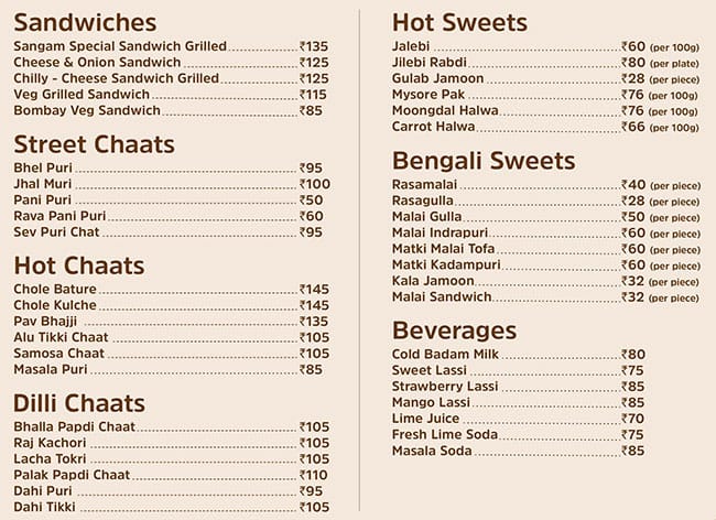 Menu of Sangam Sweets - Since 1964, JP Nagar, Bangalore