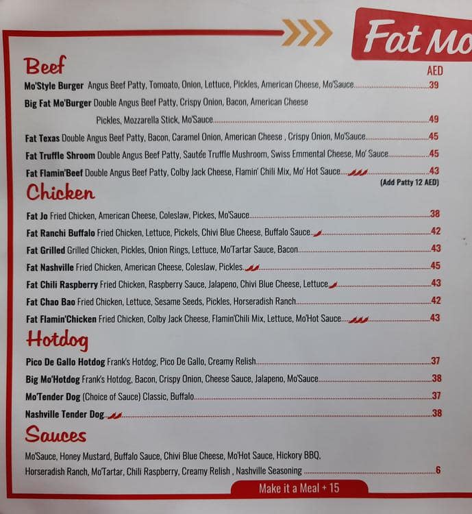 Menu of Fat Mo', Al Shahama, Abu Dhabi