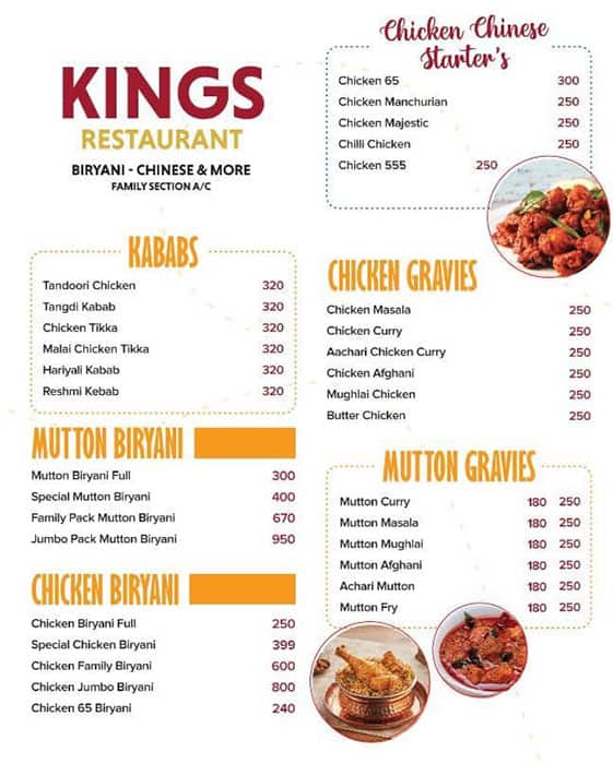 Menu of Kings Restaurant, Charminar, Hyderabad