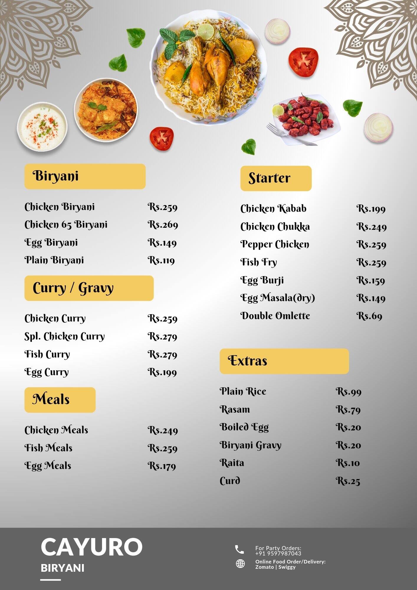 Menu of Cayuro Biryani, Electronic City, Bangalore