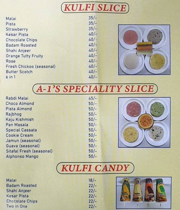Menu at A1 Ice Cream, Mumbai, Shop Number 8