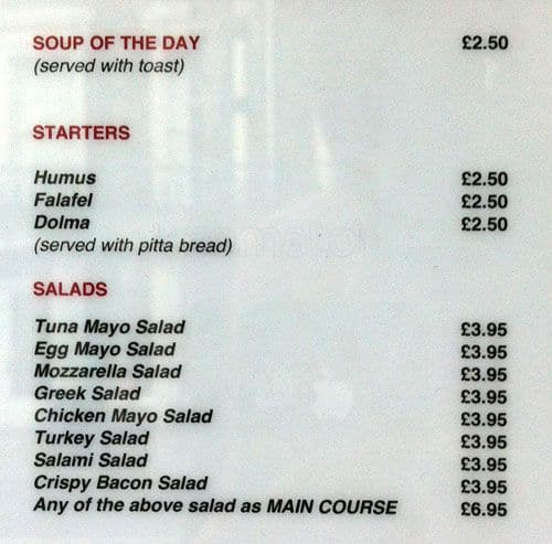 Menu at Chelsea Deli cafe, London, 44 Craven Road