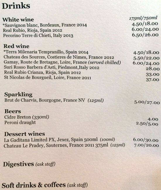 Menu at Pretty's cafe, London