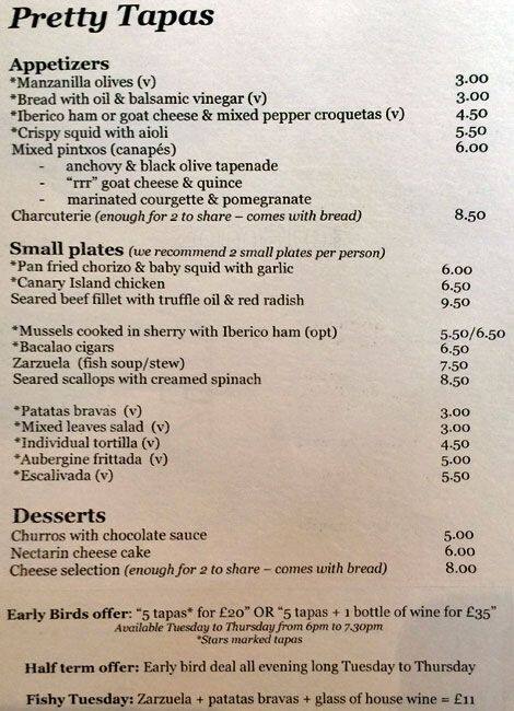 Menu at Pretty's cafe, London