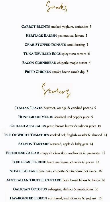 Menu at Chiltern Firehouse restaurant, London