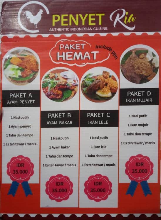 Menu at Ayam Penyet Ria restaurant, Jakarta, Plaza Atrium