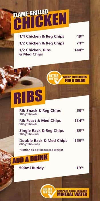 Menu au Steers restaurant, Durban, Shop 102 & 104 Musgrave Centre