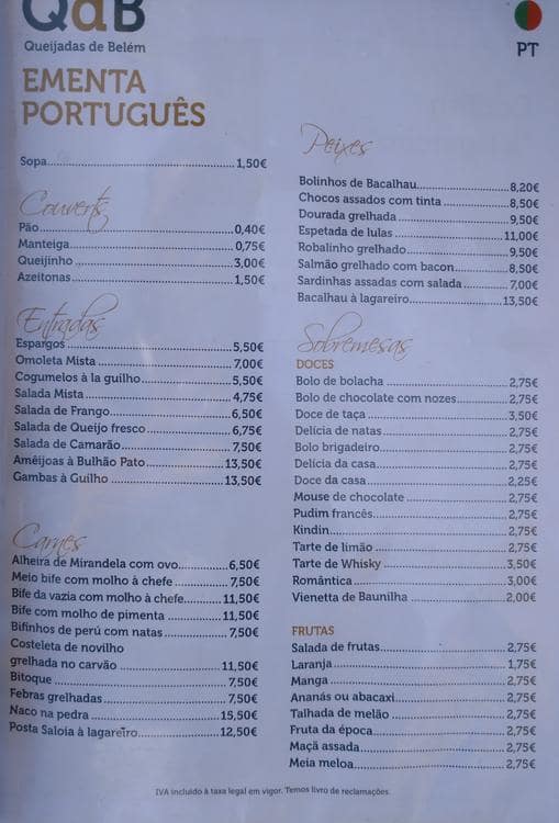 Menu at Queijadas de Belém restaurant, Lisbon, R. de Belém 1