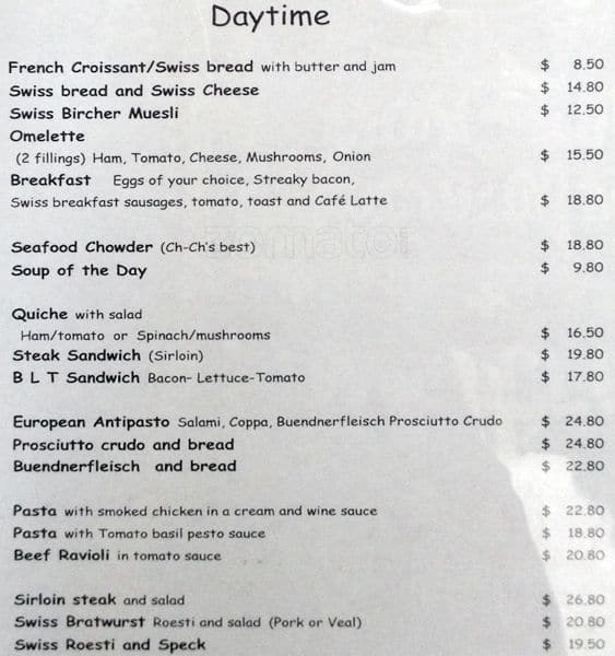Swiss Cafe Bistro Menu, Menu for Swiss Cafe Bistro, Christchurch ...