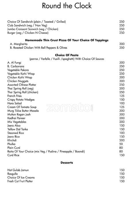 Menu at Indus Restaurant - Cambay Spa & Resort, Jaipur