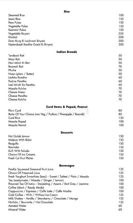 Menu at Indus Restaurant - Cambay Spa & Resort, Jaipur