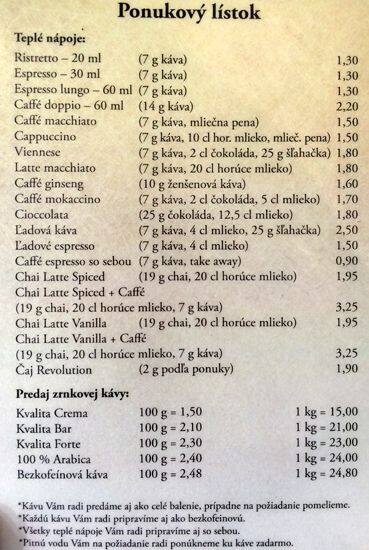 Menu at Caffe Trieste - Caffe Italia cafe, Bratislava
