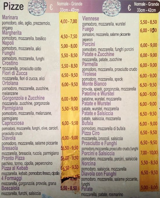 Menu at Pronto Pizza restaurant, Rome, Via Mocenigo