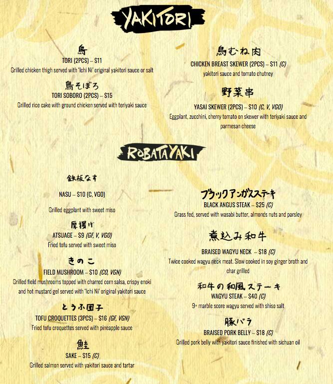 Menu at Ichi Ni restaurant, Saint Kilda
