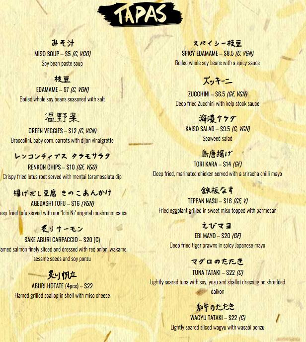 Menu at Ichi Ni restaurant, Saint Kilda