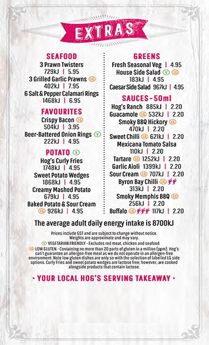 Menu at Hog's Australia's Steakhouse, Morayfield