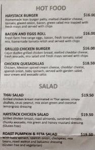 Menu at The Haystack Cafe, Wangara