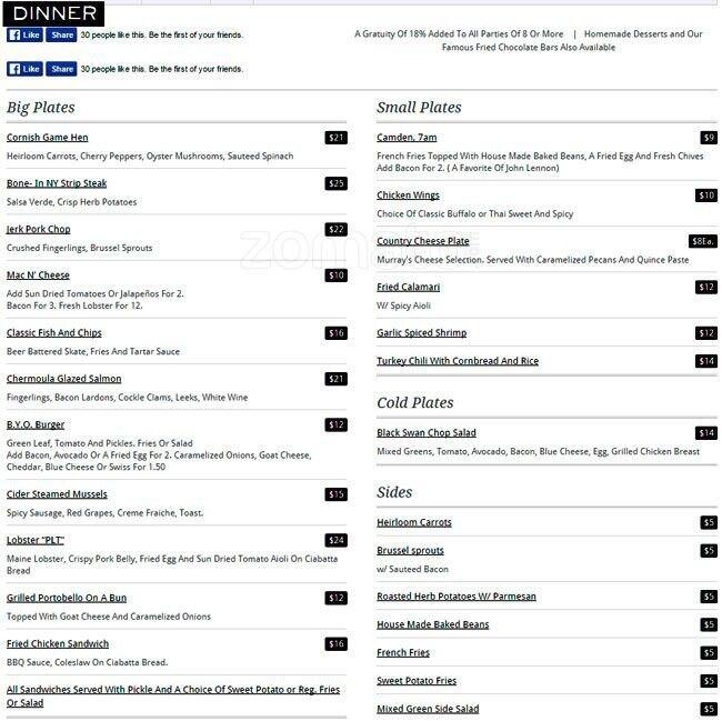 Menu at Black Swan pub & bar, New York City