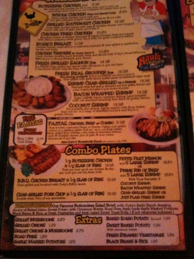 Menu at Cody's Original Roadhouse restaurant, Tampa, W Hillsborough Ave