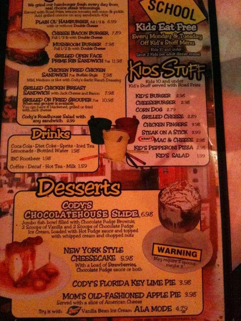 Menu at Cody's Original Roadhouse restaurant, Tampa, W Hillsborough Ave
