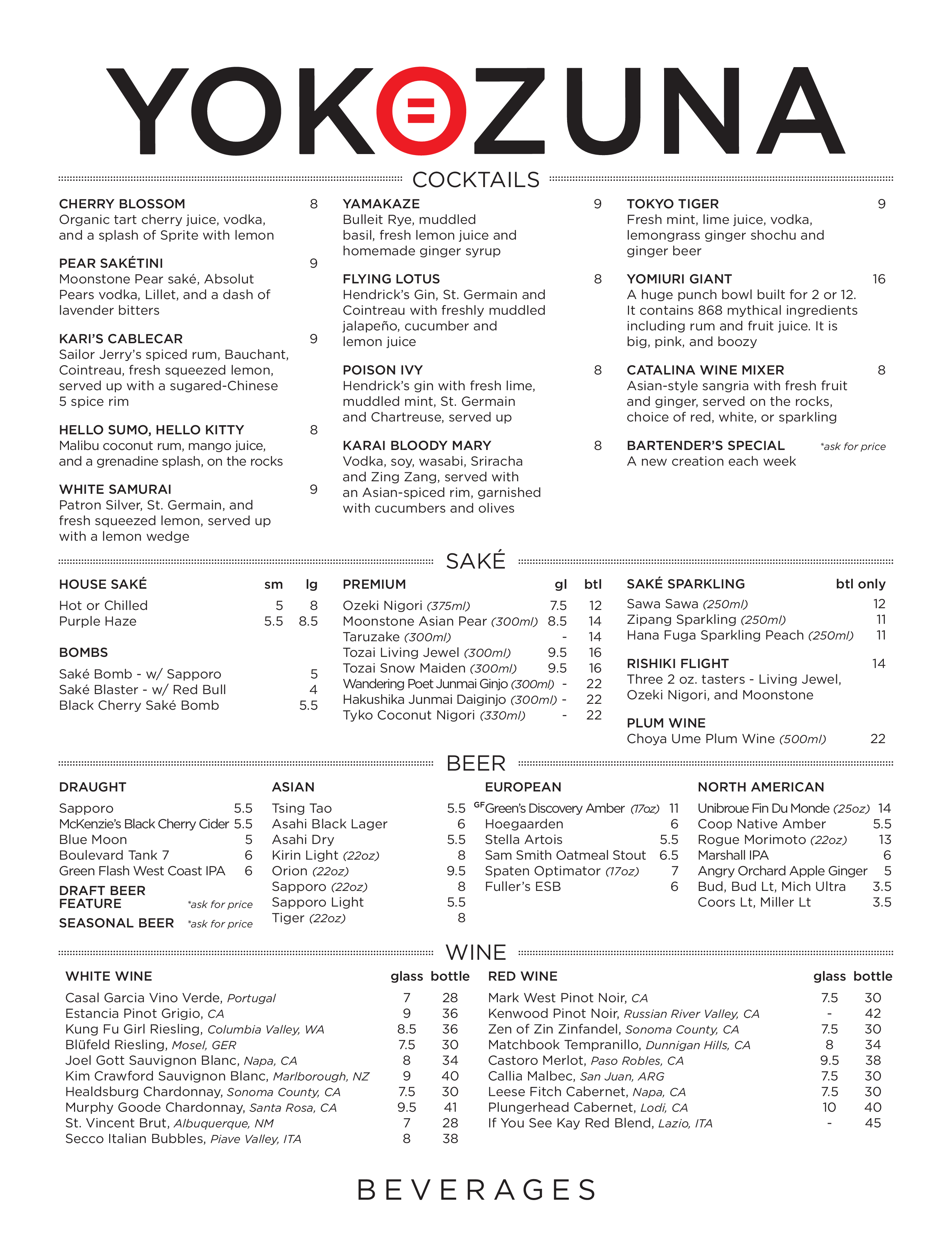Menu at Yokozuna restaurant, Tulsa, 309 E 2nd St