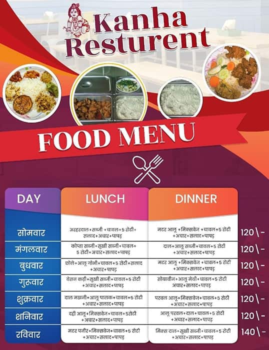 Menu of Kanha Restaurant, Indira Nagar, Kanpur