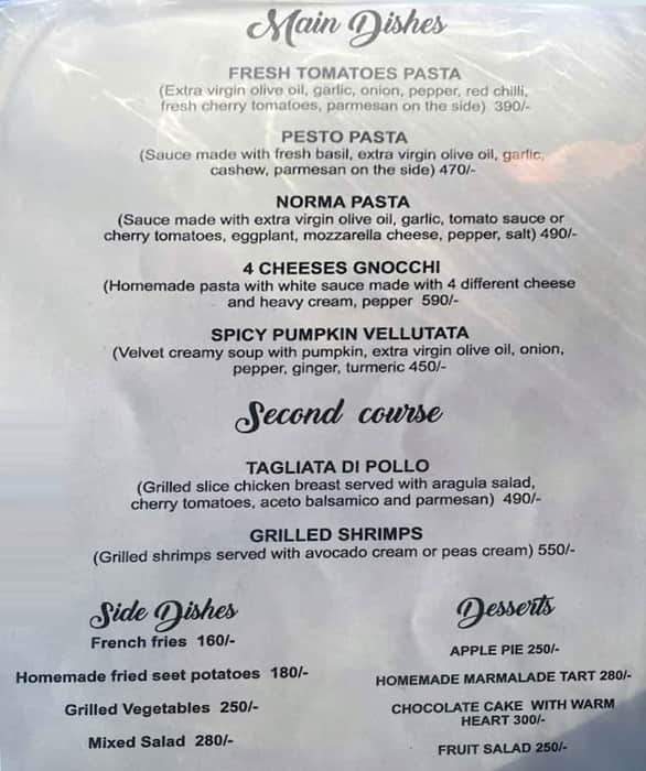 Menu of Zafferano, Palolem, Goa