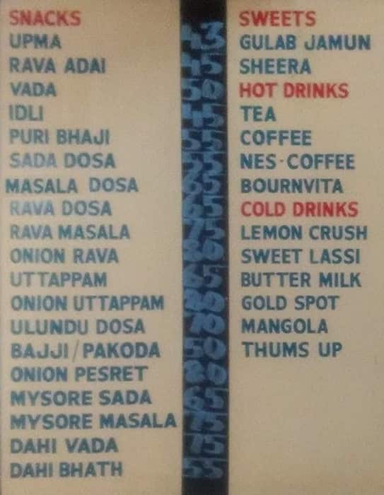 Menu of Anand Bhavan, Matunga East, Mumbai