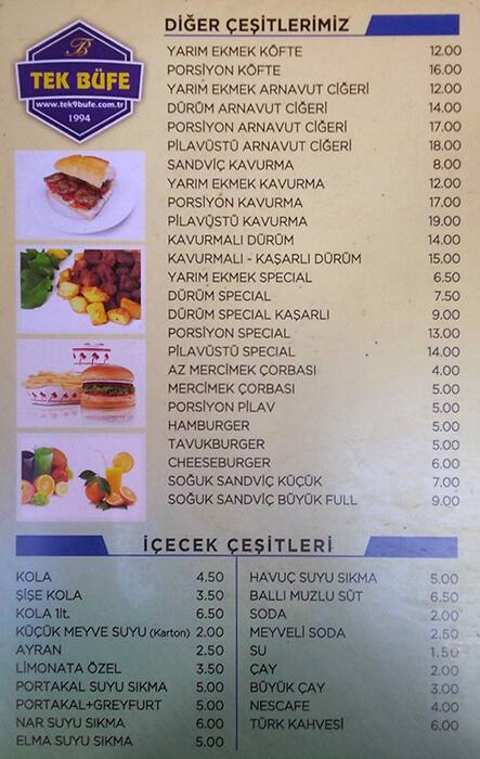 Menu at Tek Büfe, Istanbul, Serasker Cd. No:118 D:A