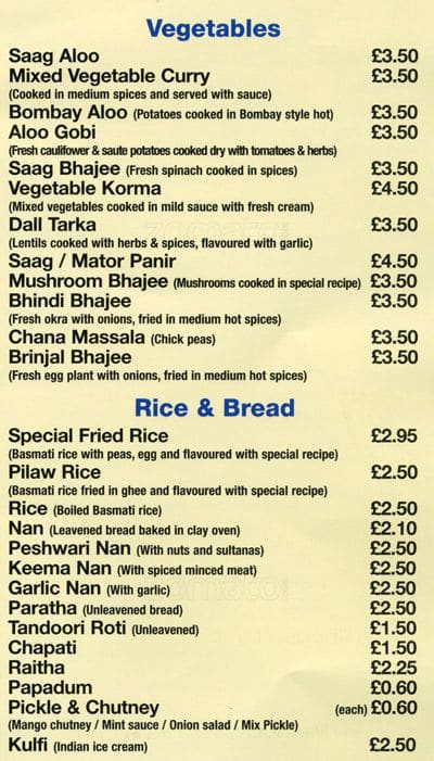 Menu at Maida Vale Tandoori restaurant, London, 49 Chippenham Road