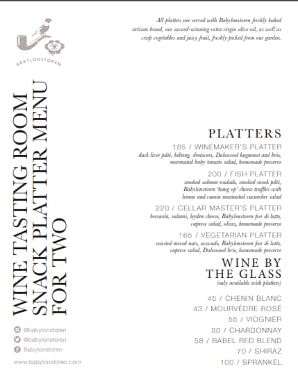 Menu at Babylonstoren pub & bar, Cape Town