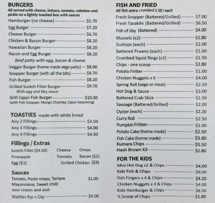 Menu at Captain Kerrs restaurant, Orewa