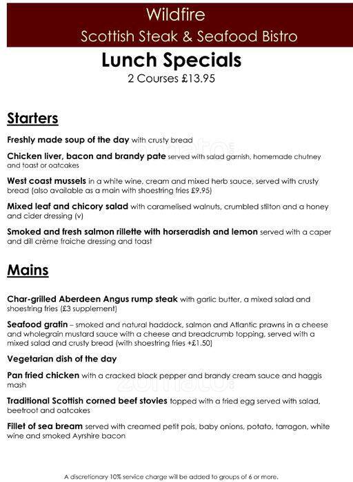 Menu at Wildfire steakhouse, Edinburgh