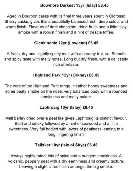 Menu at Wildfire steakhouse, Edinburgh