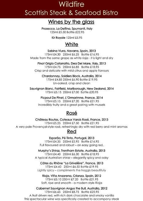 Menu at Wildfire steakhouse, Edinburgh