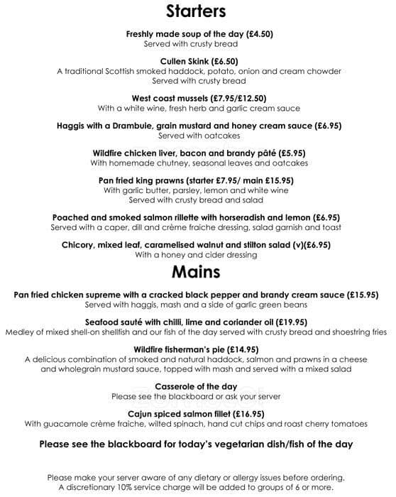 Menu at Wildfire steakhouse, Edinburgh