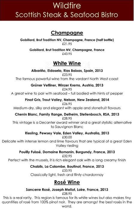 Menu at Wildfire steakhouse, Edinburgh