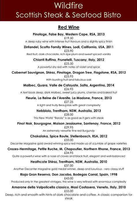 Menu at Wildfire steakhouse, Edinburgh