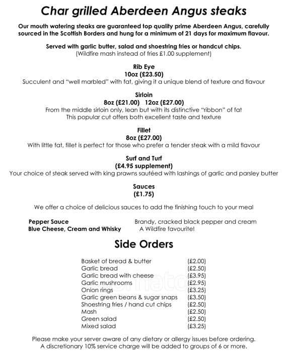 Menu at Wildfire steakhouse, Edinburgh