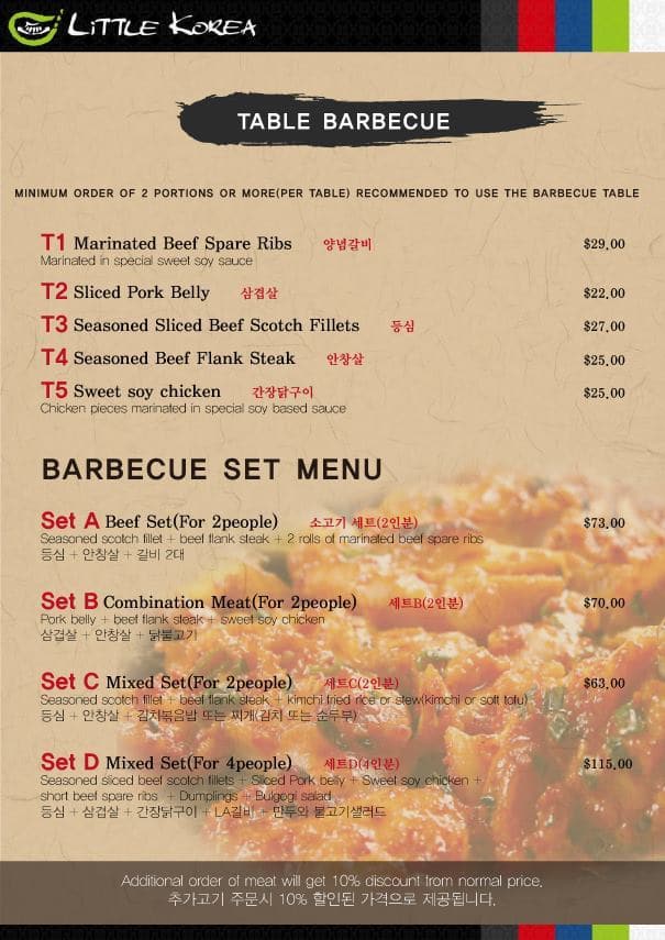 Menu at Little Korea restaurant, Hamilton