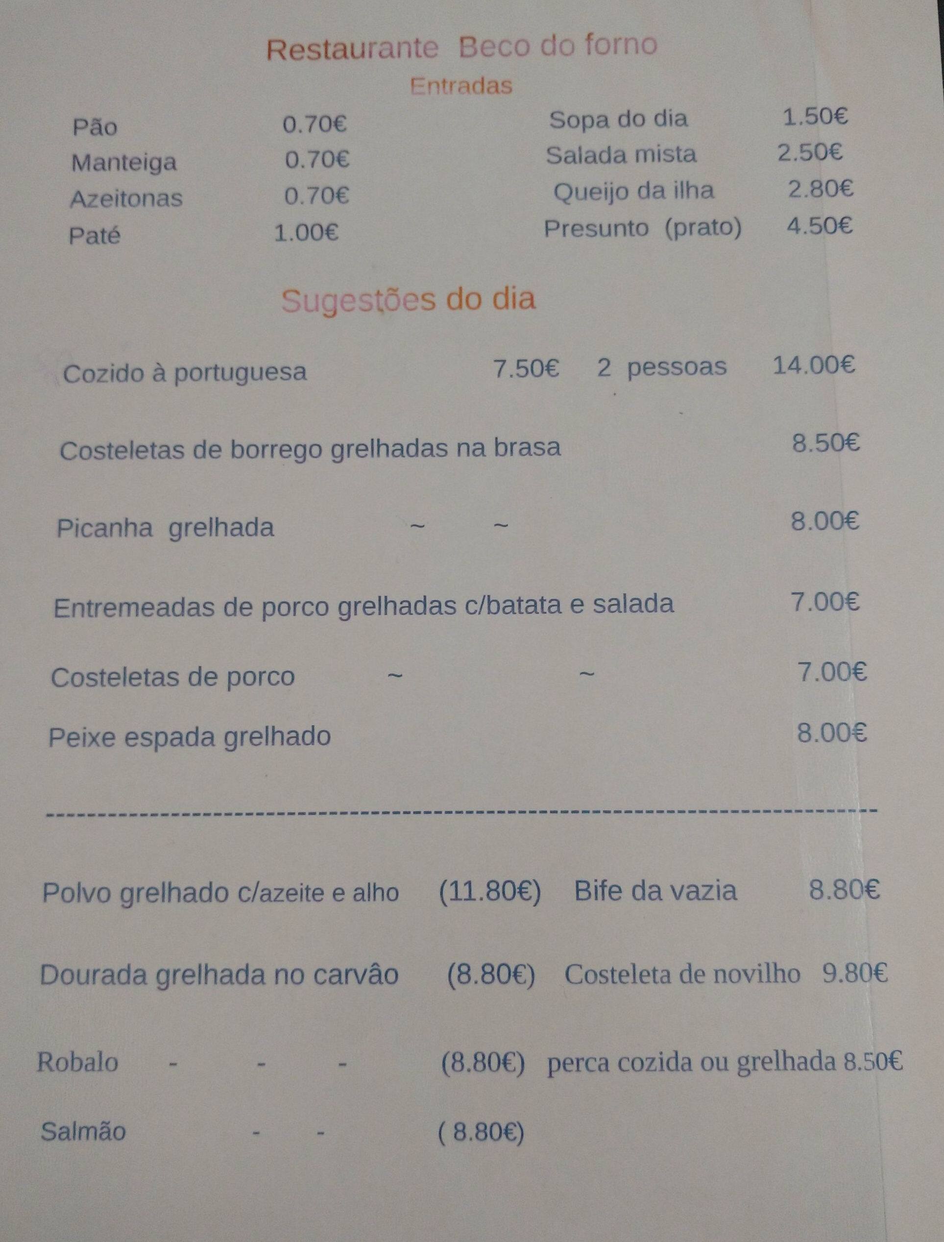 Menu em Beco do Forno restaurante, Lisboa