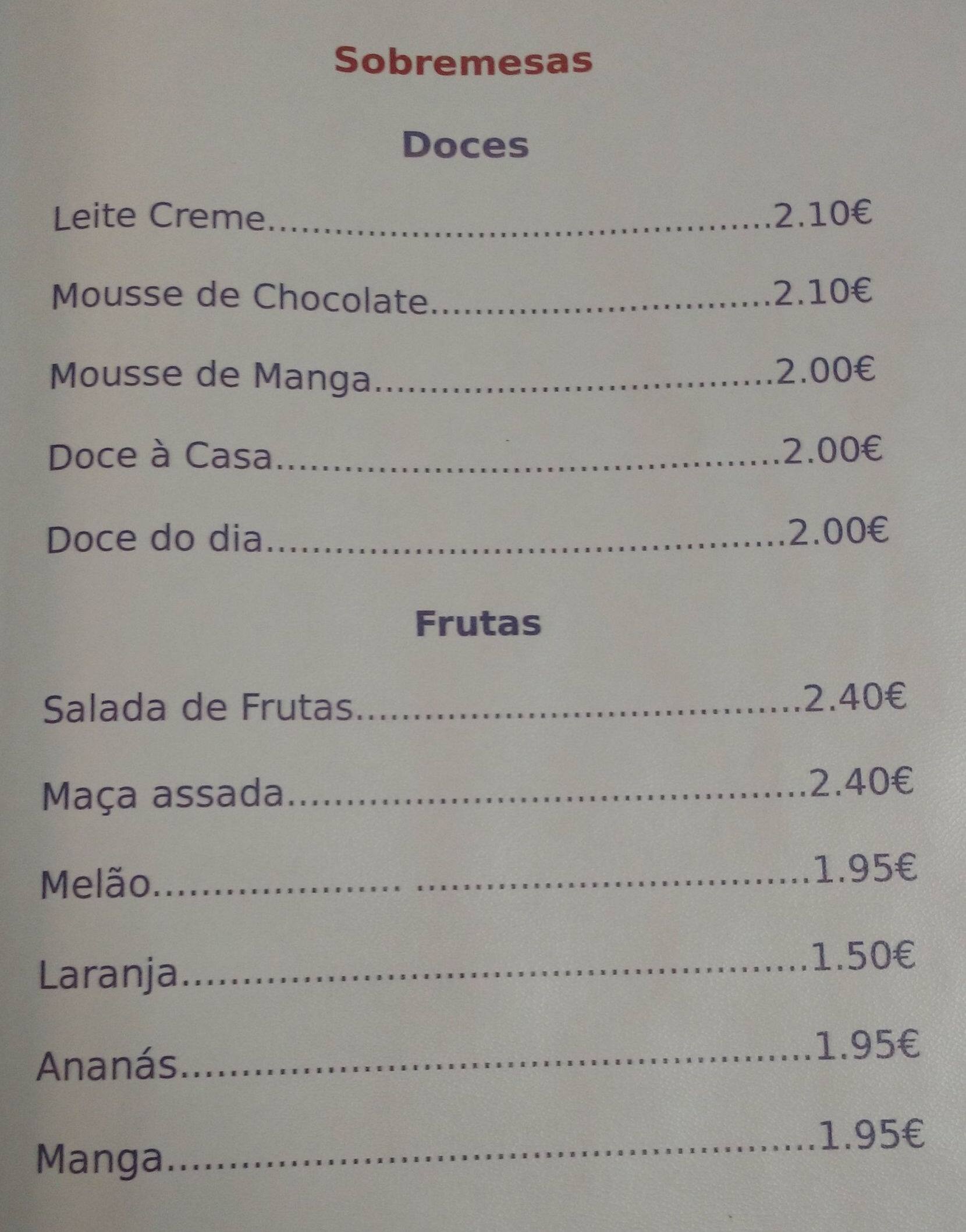 Menu em Beco do Forno restaurante, Lisboa