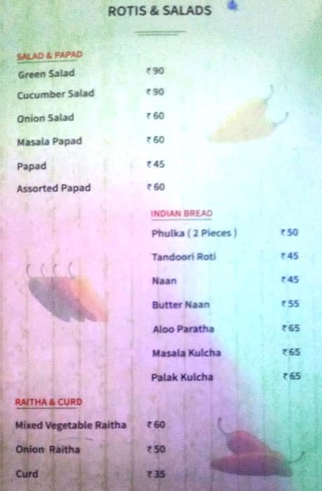 Menu at Southern Mirchi, Hyderabad, Plot 76, Punjagutta Rd