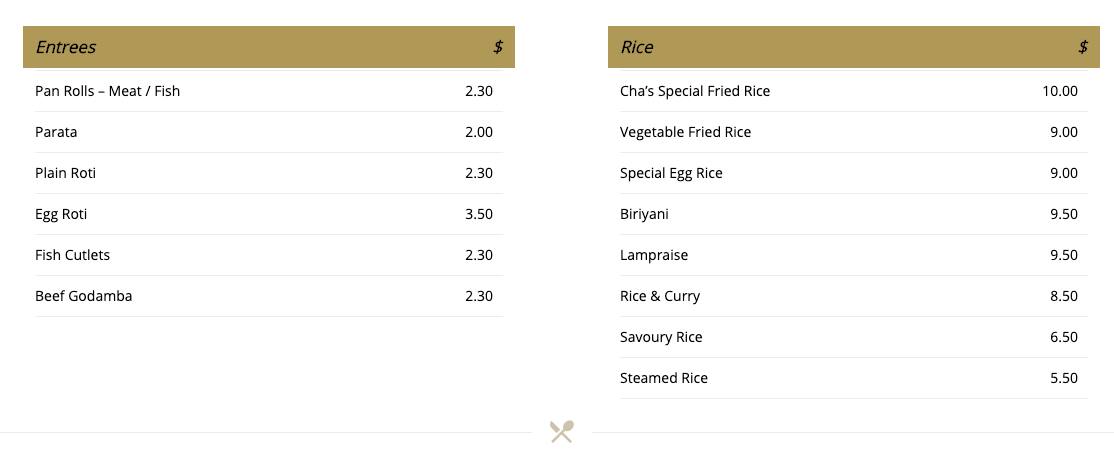 Menu at Cha's Cabin restaurant, Hallam