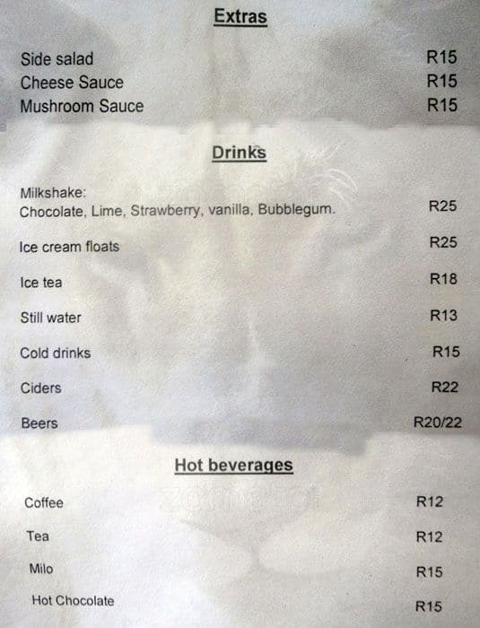 Menu at Chameleon Village Lion Park Restaurant., Hartbeespoort
