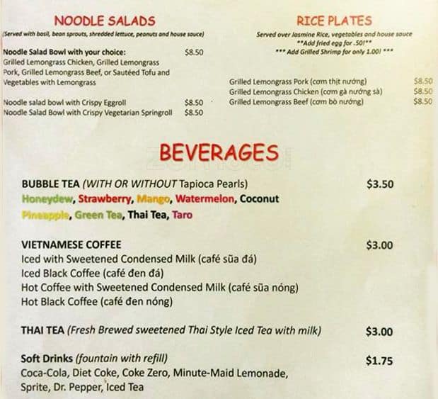 Menu at Mai Pho restaurant, Beaverton, SW Allen Blvd