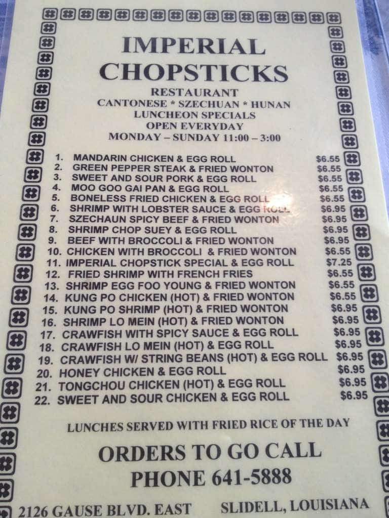 Menu at Imperial Chopsticks restaurant, Slidell