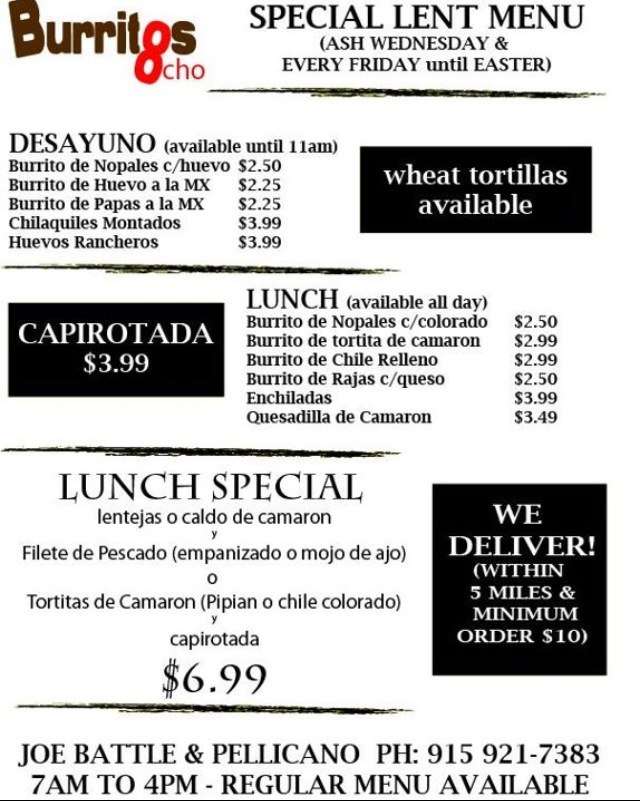 Burritos Ocho Menu, Menu for Burritos Ocho, Eastside, El Paso ...