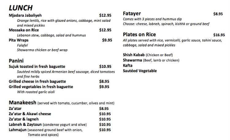 Menu au Semiramis Mediterranean Mezze restaurant, Vancouver